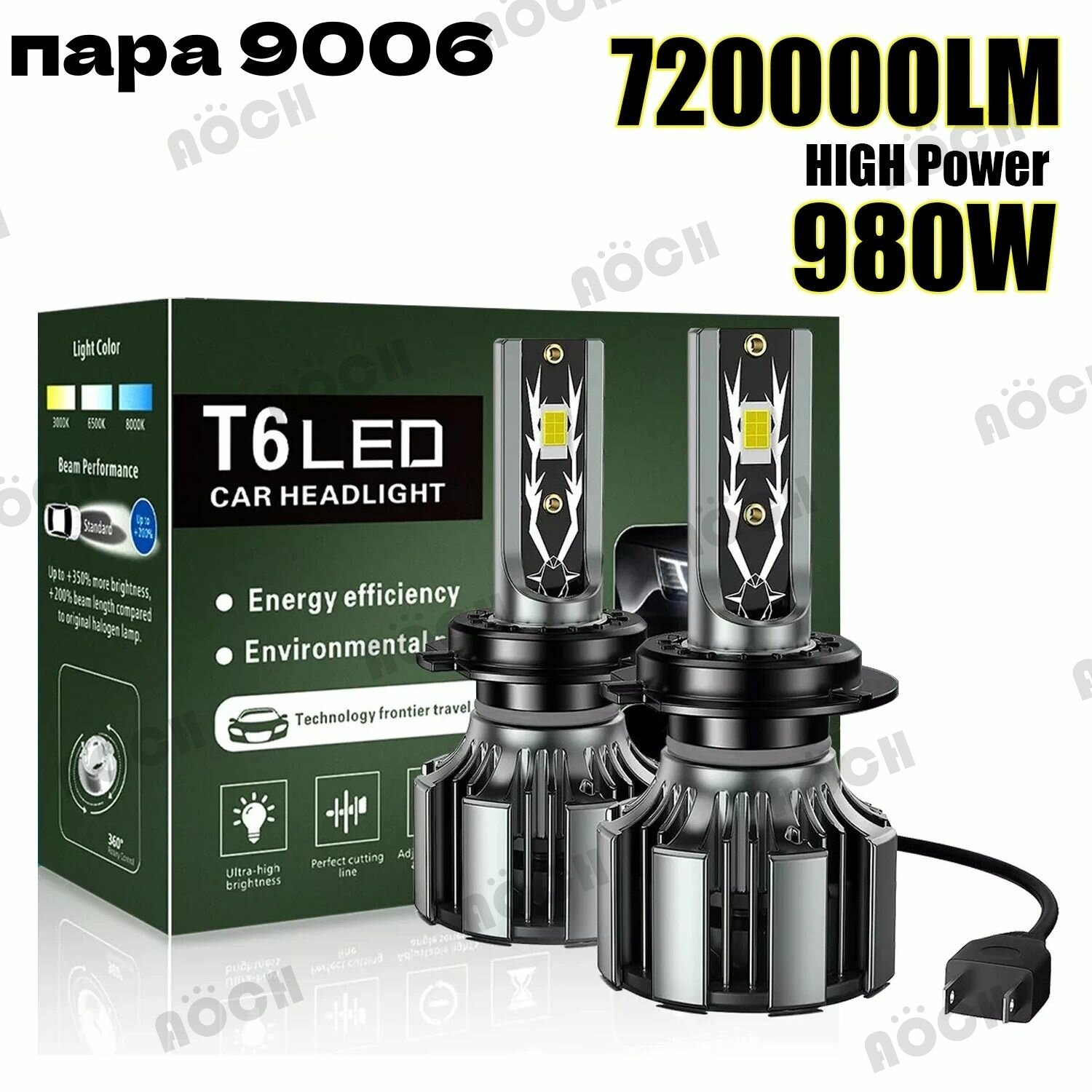 Комплект LED-ламп для фар ультраяркие, универсальные 9006/HB4 ближний/дальний свет + противотуманные, тюрбо-линза