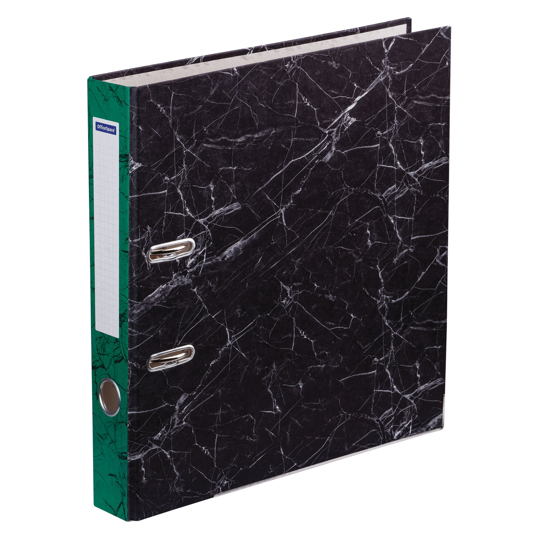 5 шт. Папка-регистратор OfficeSpace, 50мм, мрамор, черная, зеленый корешок, нижний метал. кант