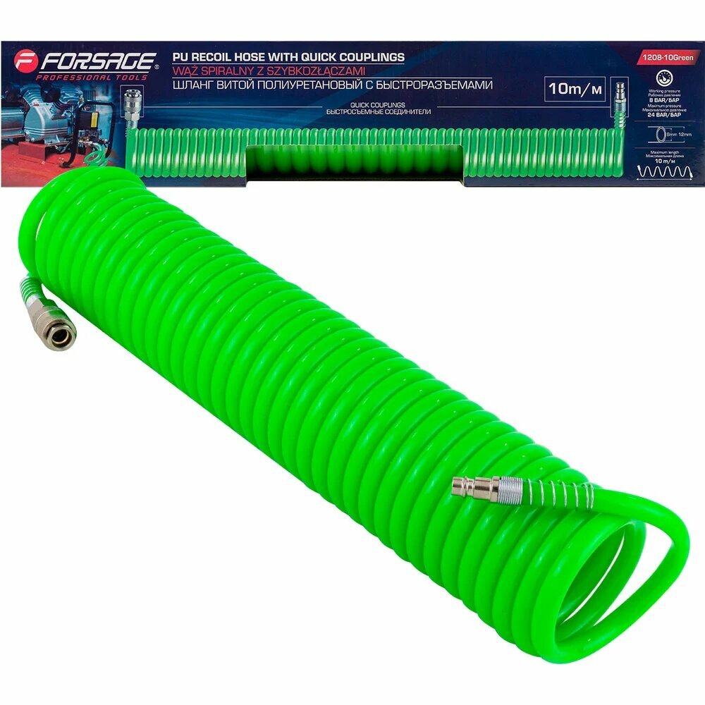 Шланг витой полиуретановый Forsage 8х12 мм, 10 м с быстроразъемами F-1208-10Green(59766)