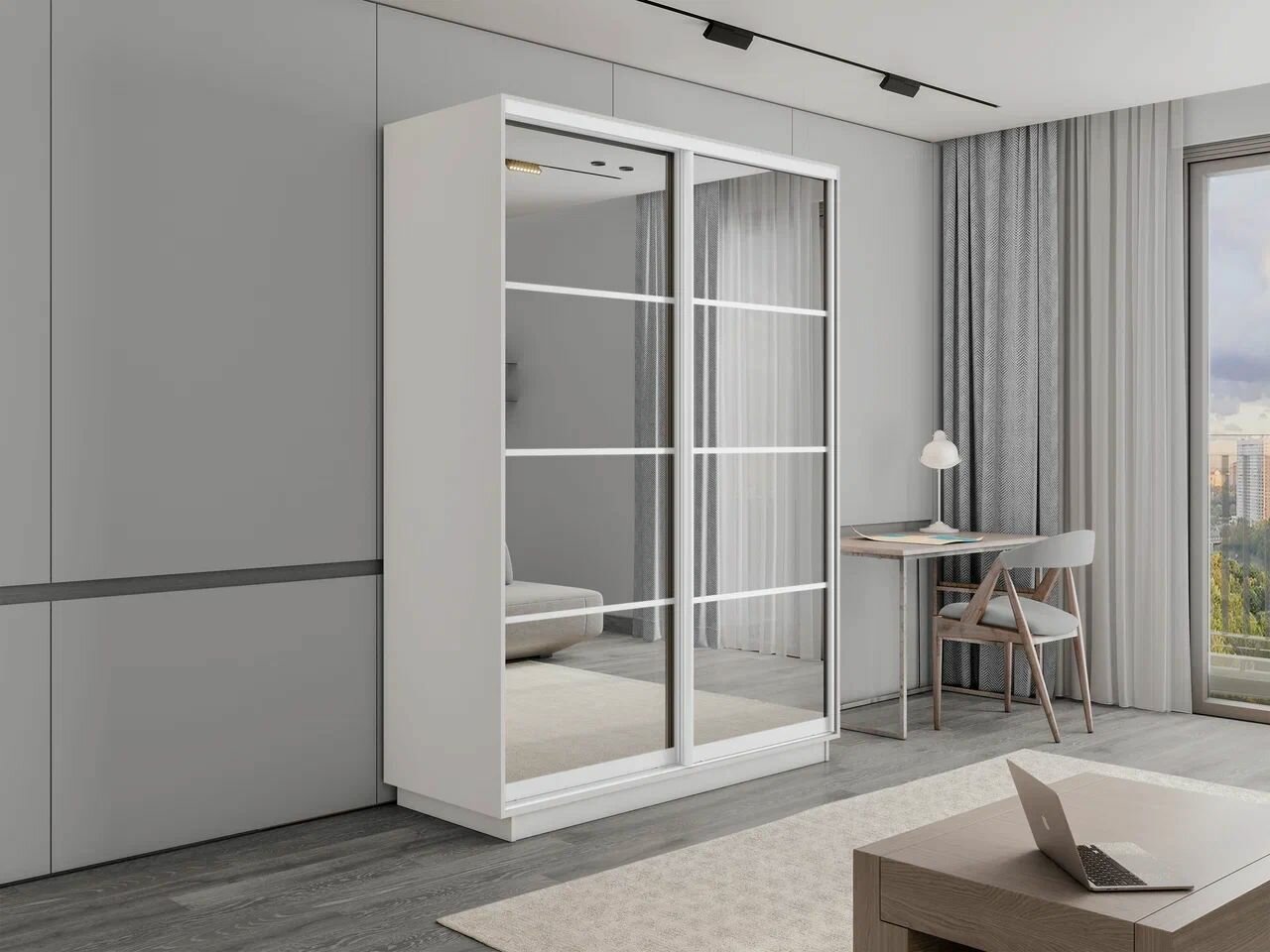 Шкаф-купе Экспресс 1,6м, высокий 2,4м и узкий 44см, Зеркало/Белый снег/Белый профиль