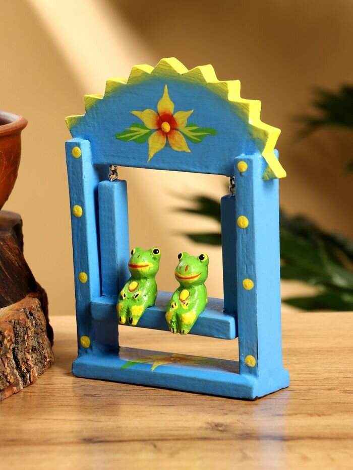 Сувенир Лягушата на качелях , 10 3.5 15 см, дерево, голубой