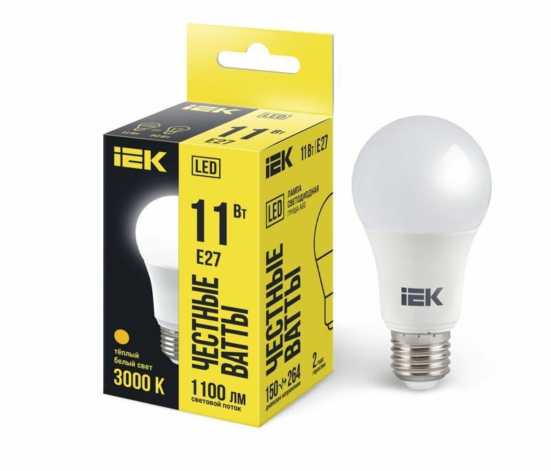 Лампа светодиодная IEK A60, 11 Вт, грушевидная, 3000К, теплый белый, E27, 990 Лм, 230-240В