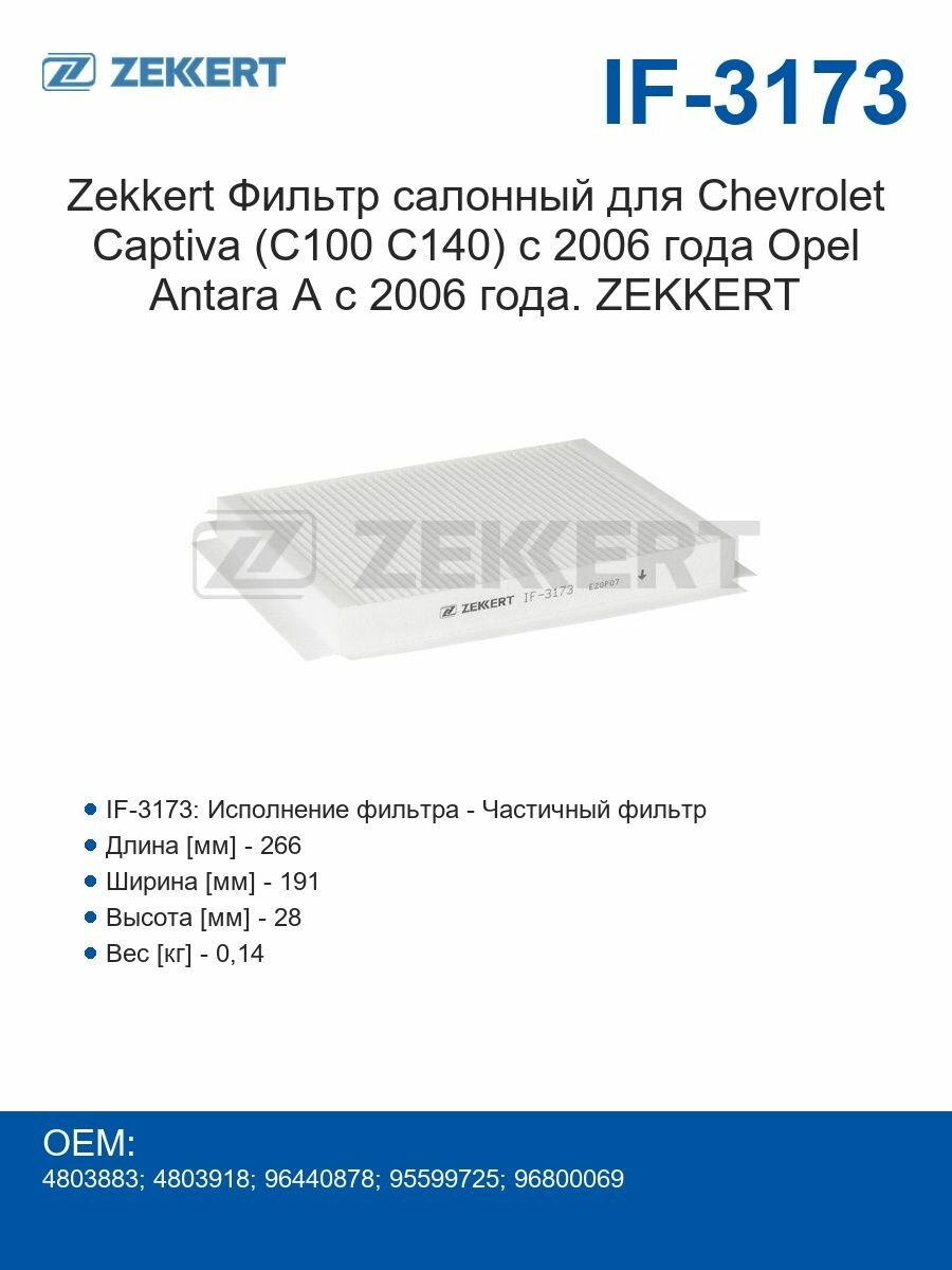 Zekkert Фильтр салонный для Chevrolet Captiva (C100 C140) с 2006 года Opel Antara A с 2006 года. ZEKKERT