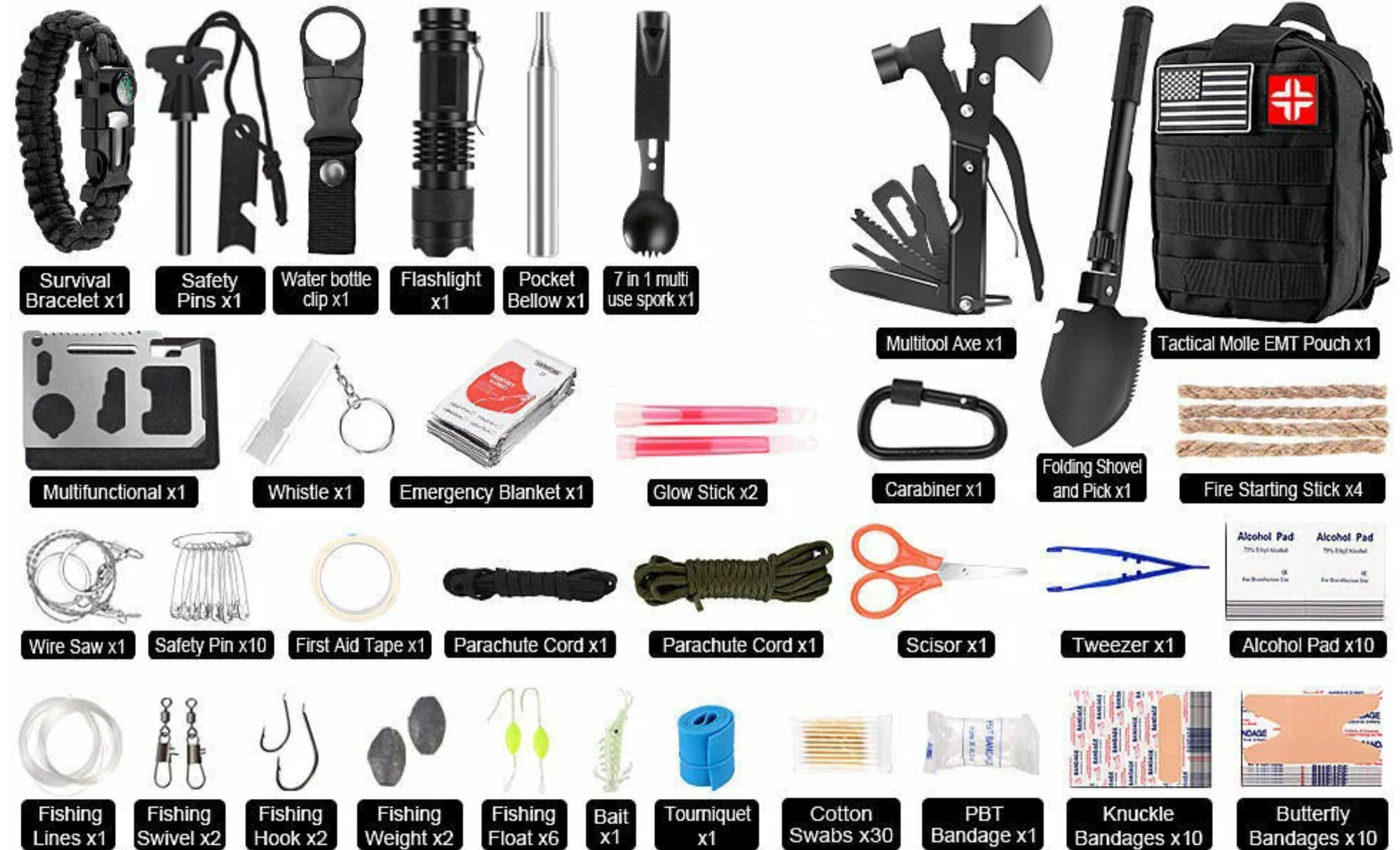 Набор для выживания SOS - Аварийный комплект для кемпинга, автомобиля и outdoors | 15 предметов | Водонепроницаемый кейс