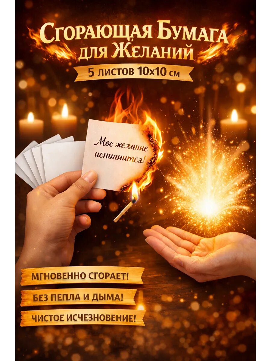Сгорающая бумага для желаний 5 листов 10х10 см.