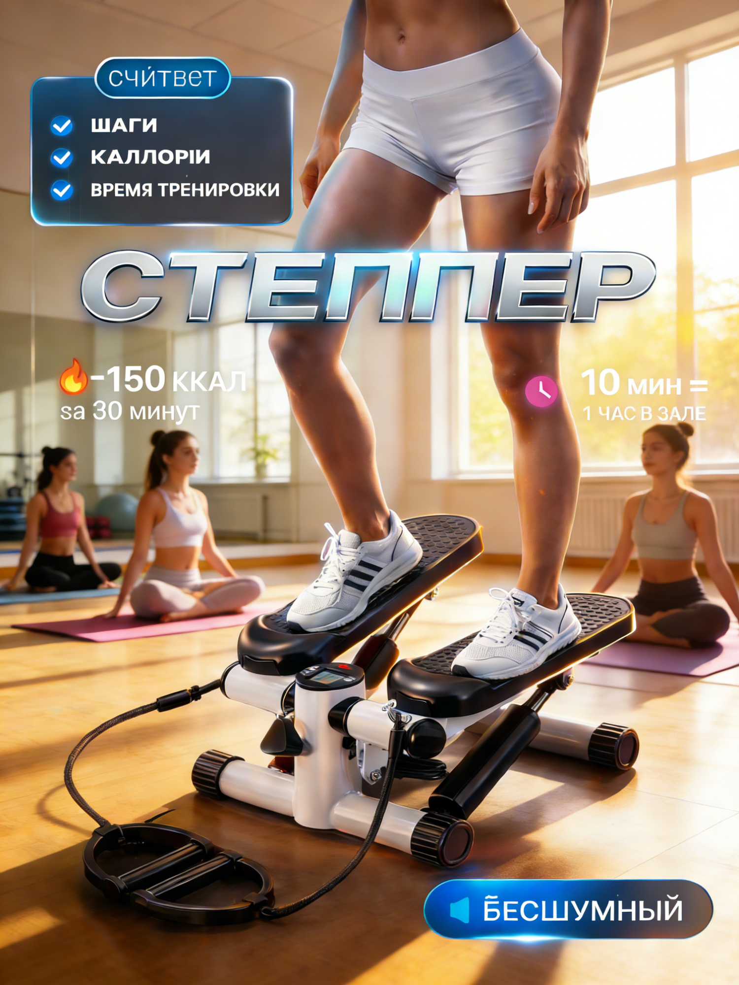 Степпер для ног с эспандерами Максимум, до 150 кг, LCD дисплей, цвет белый