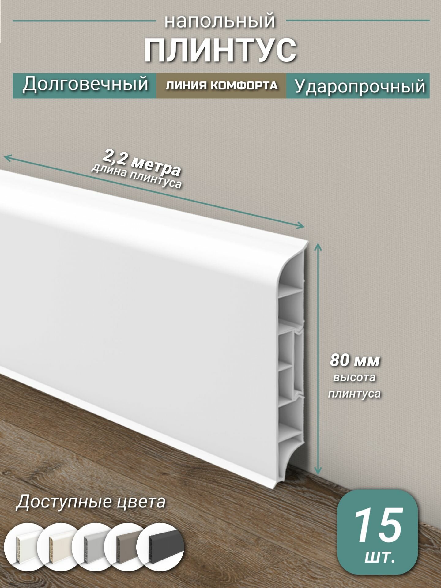 Плинтус Ideal, ПВХ, матовый, влагостойкий, ударопрочный, с кабель-каналом, 2,2 м, округлый, Белый - 15 шт.