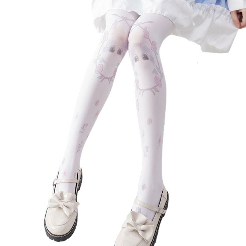 Японские лолита-колготки белые с рисунком кота и кролика, кошка
