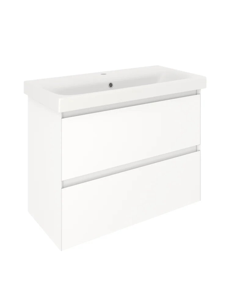 Тумба с раковиной Aqua de Marco Astra 80 подвесная, 80 см, белая, глянцевая, из МДФ, с ящиками, раковина для ванной фарфоровая, прямоугольная, встроенный слив-перелив