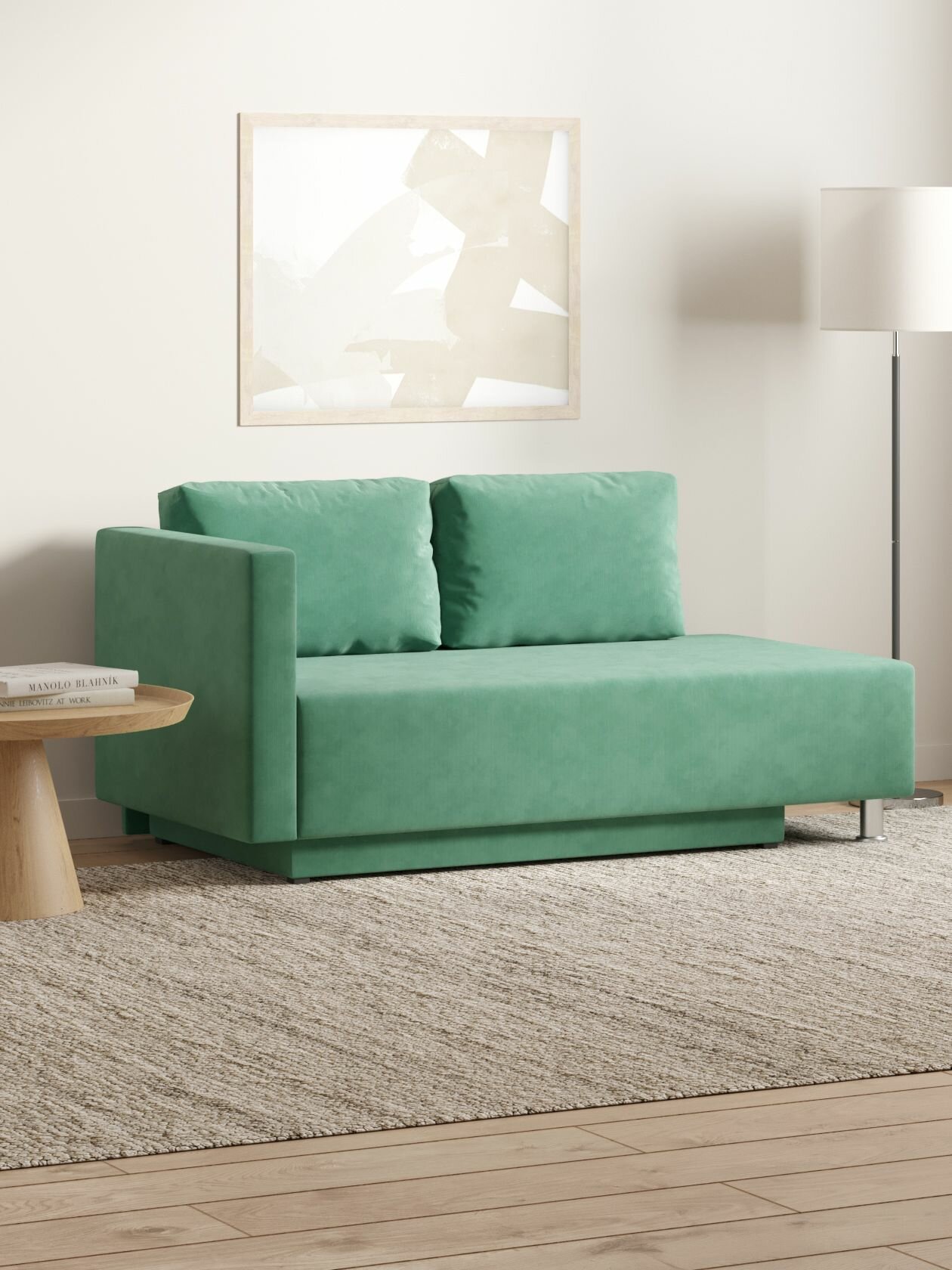 Прямой диван-кровать Алекс раскладной, с ящиком для хранения, с подлокотником, 73х190 см спальное место, Светло-зеленый, велюр