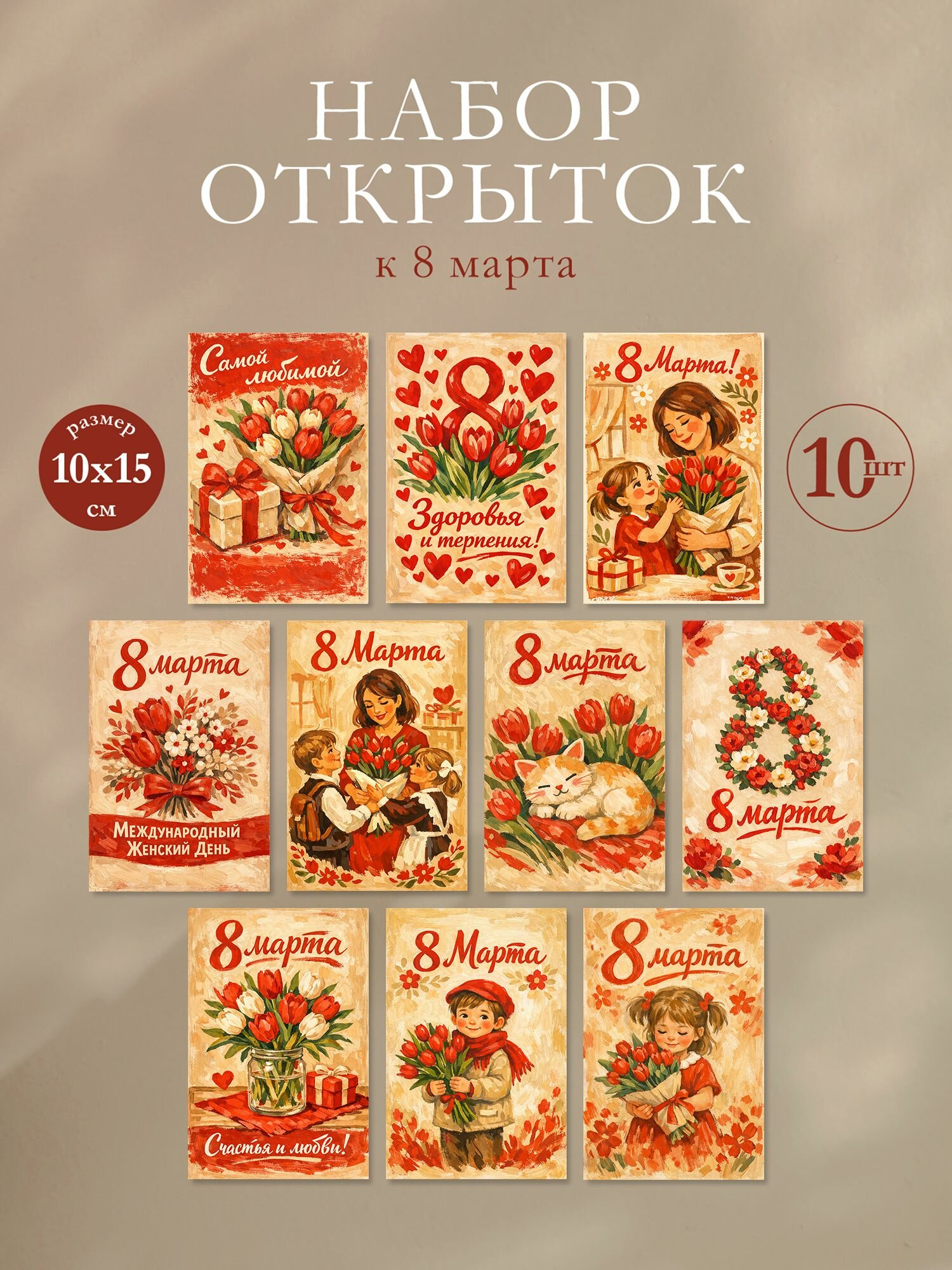 Открытки 8 марта, 10 шт