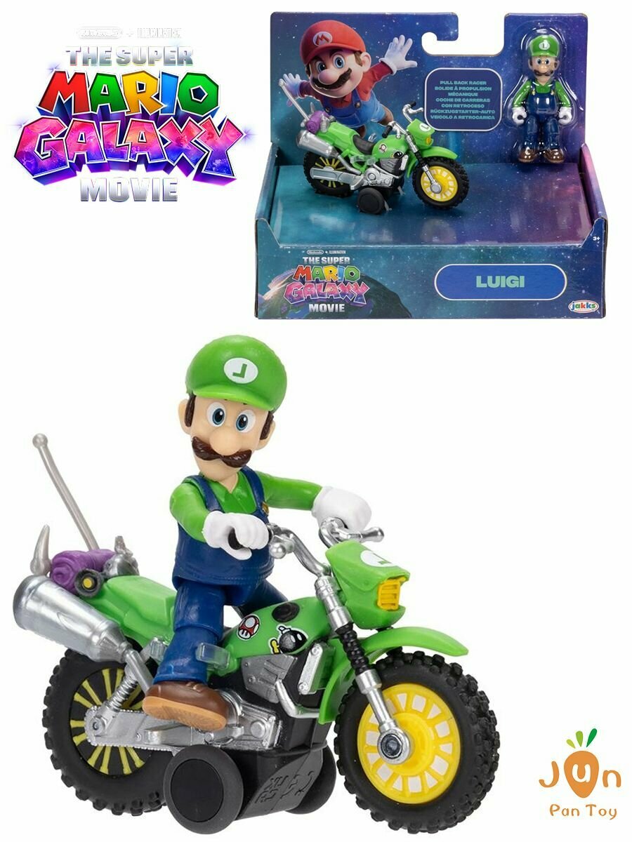 Super Mario Galaxy Movie Luigi and Pull Back Racer Set / Детский набор мотоцикл Марио с фигуркой Луиджи (6 см) - отличный подарок на день рождения.
