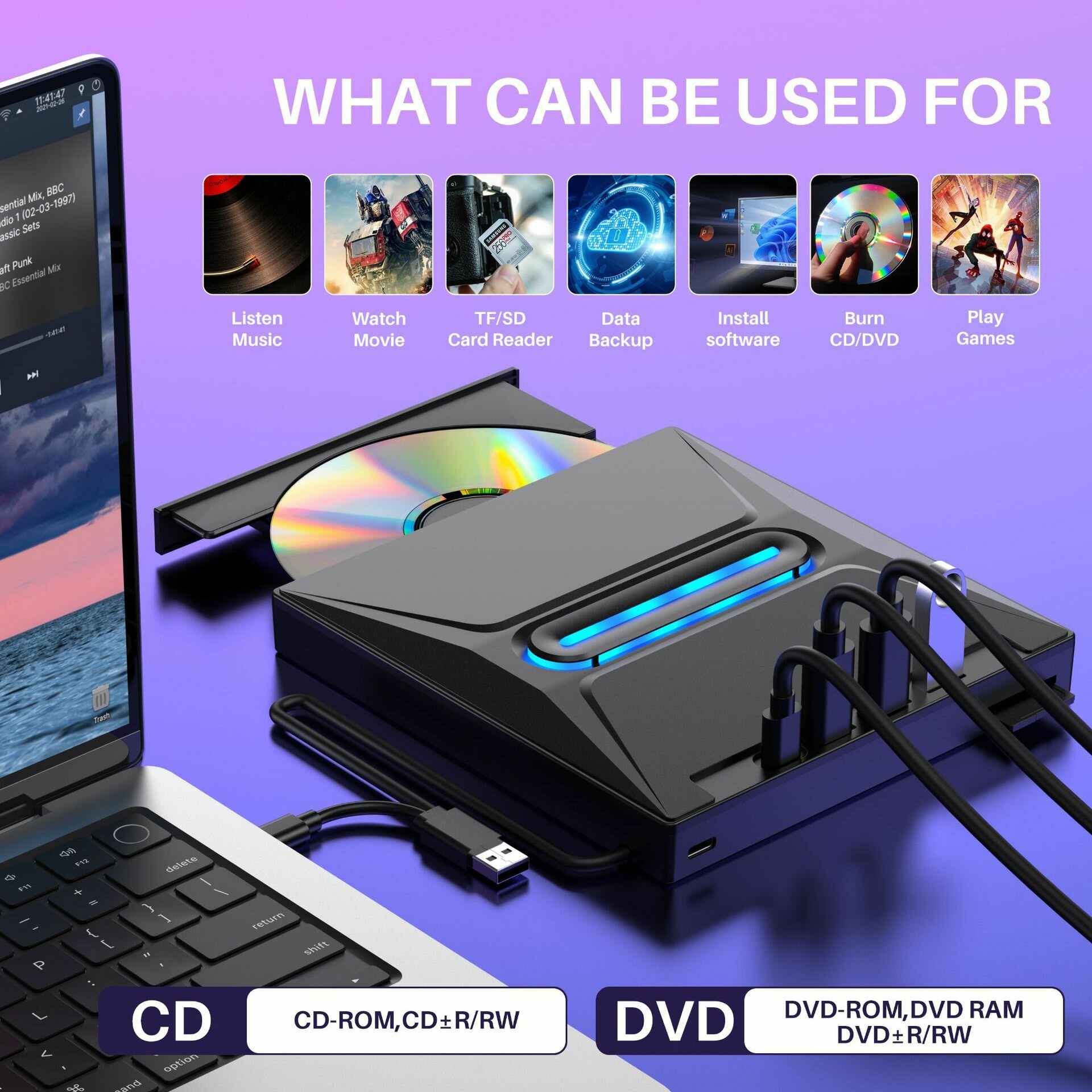 Многофункциональный CD/DVD-привод, проигрыватель USB 3.0, портативный проигрыватель для ПК и ноутбуков, совместимый с Windows 11/10/8/ 7Linux Mac OS, светодиодная подсветка, черный