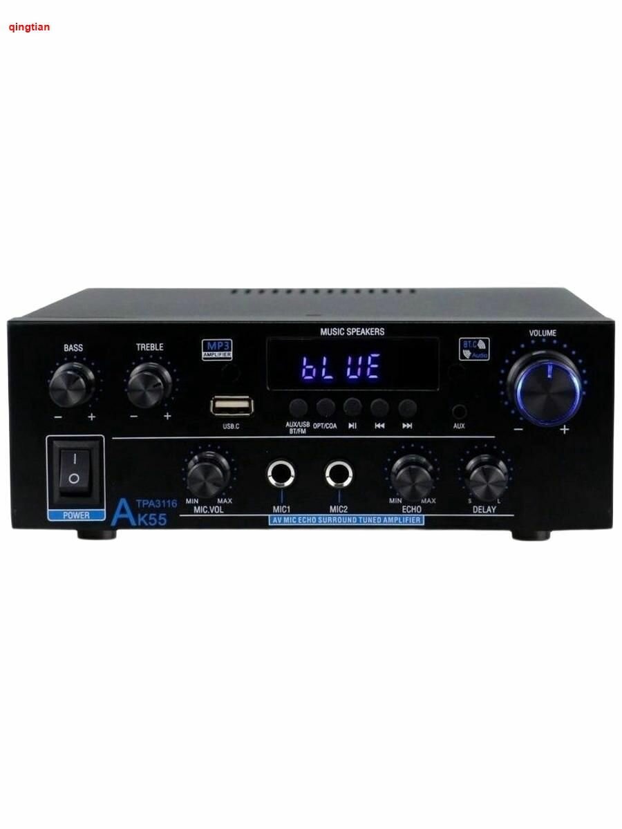 Усилитель AK-55 Hi-Fi 50Вт 2 Bluetooth/USB/SD/FM-радио, пульт ДУ, питание 110-240В, 4-16 Ом (стальной корпус, 2.0 канала)