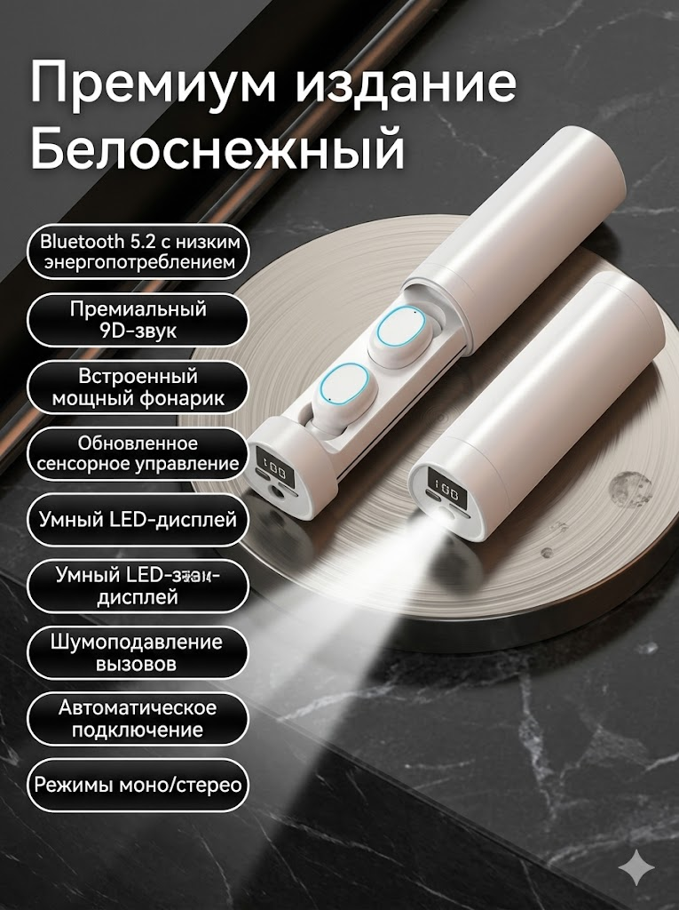 Беспроводные наушники Bluetooth 5.2 с фонариком и LED-дисплеем заряда, TWS наушники с шумоподавлением, Hi-Fi 9D звук, сенсорное управление, портативная зарядная станция, черные/белые