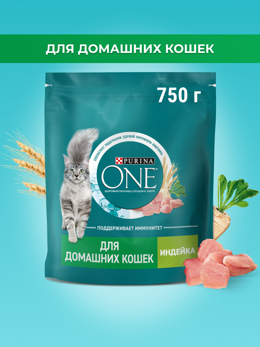 Сухой корм PURINA ONE® для взрослых домашних кошек с индейкой, 750 г