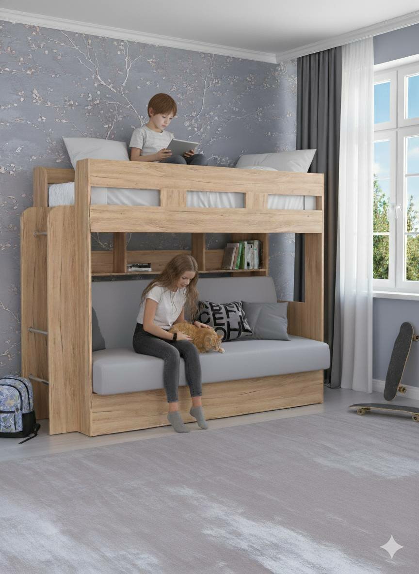 Кровать двухъярусная DobroMeb с диваном, цвет дуб крафт/серый, ЛДСП/велюр