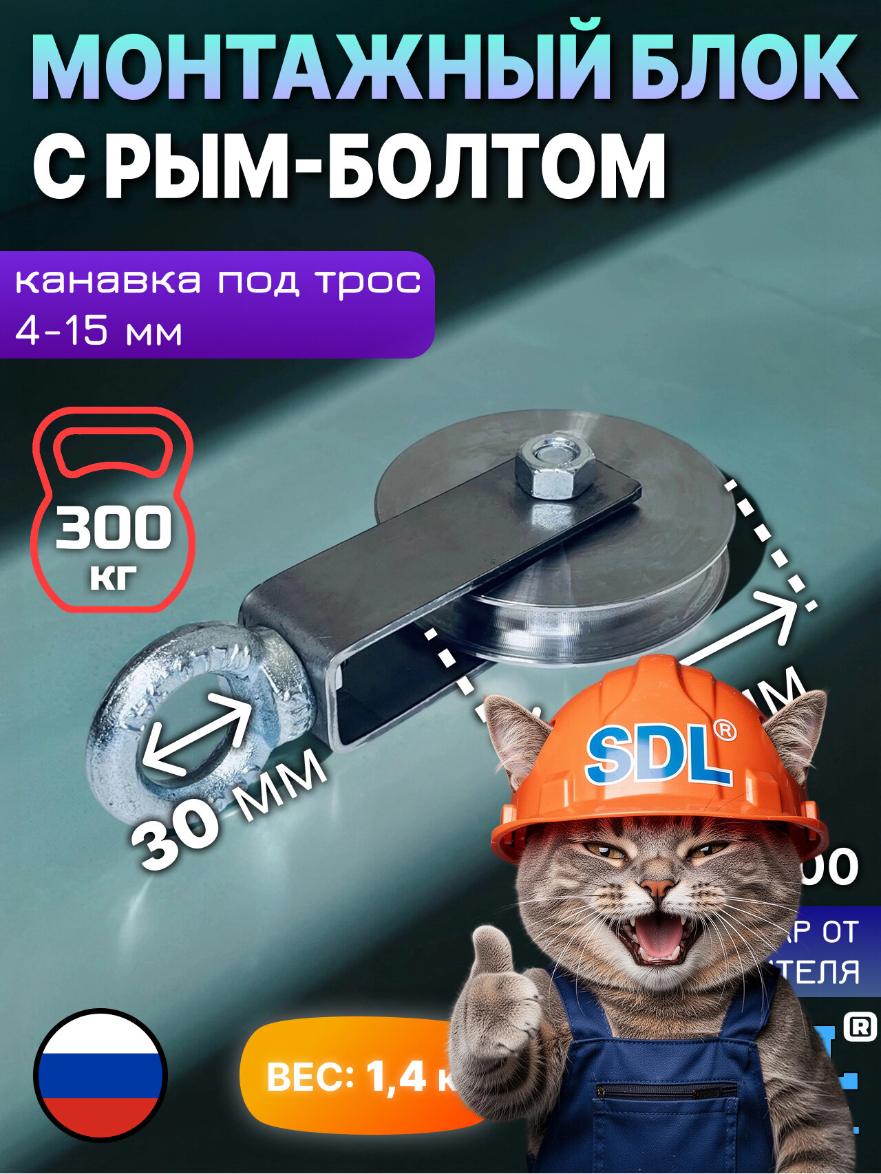 SDL Блок с шкив-роликом Ф100 мм и рым-болтом. Бмp-12-100 Ролик с подшипником и U-канавкой 15 мм