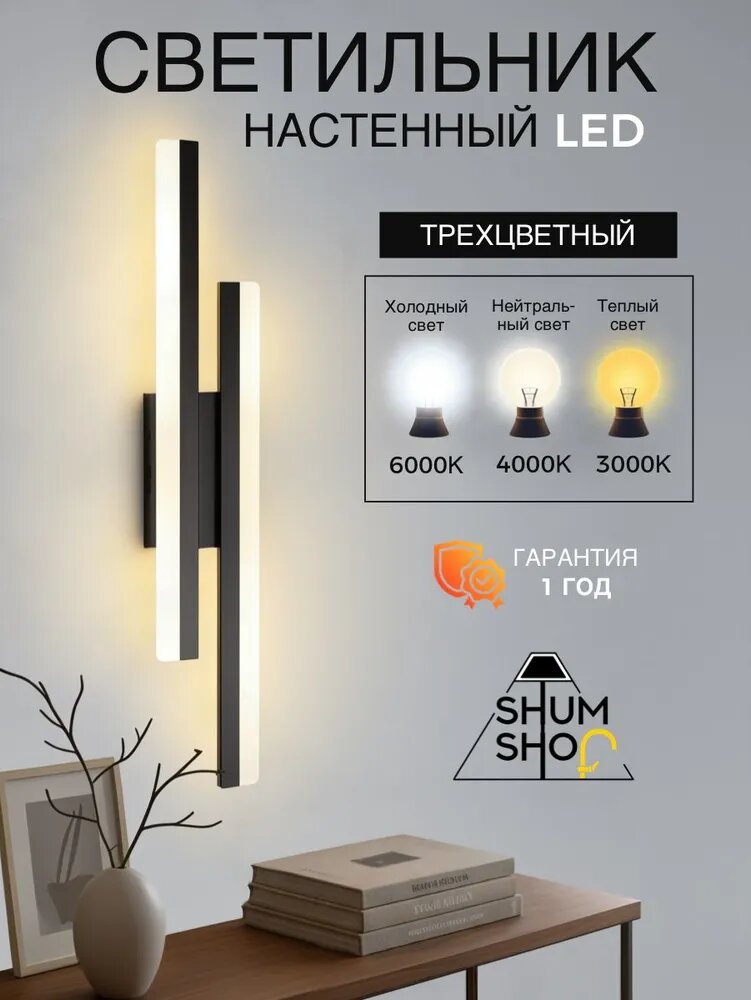 Светильник настенный светодиодный, бра SHUMSHOP RE1 16W, черный 50 см трехцветный