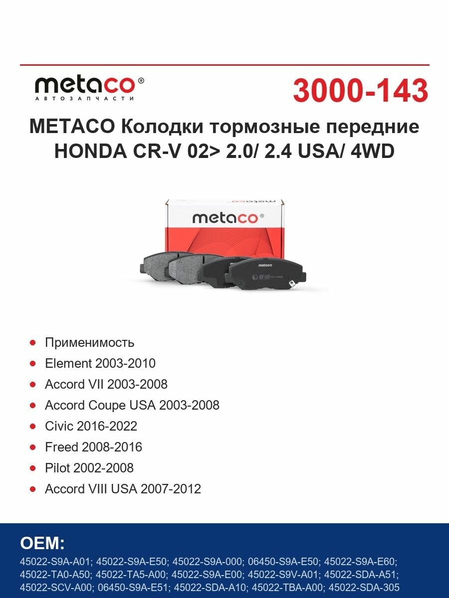METACO Колодки тормозные передние HONDA CR-V 02> 2.0/ 2.4 USA/ 4WD