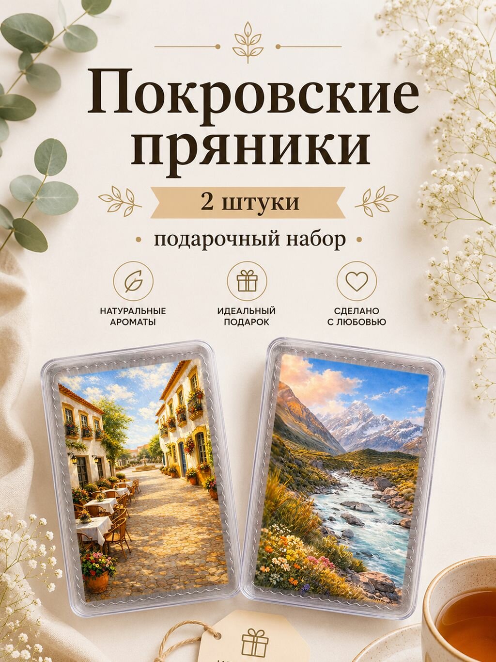 Подарочный набор покровских пряников 2 шт по 140 гр "Сицилийская улочка" и "Горный ручей"