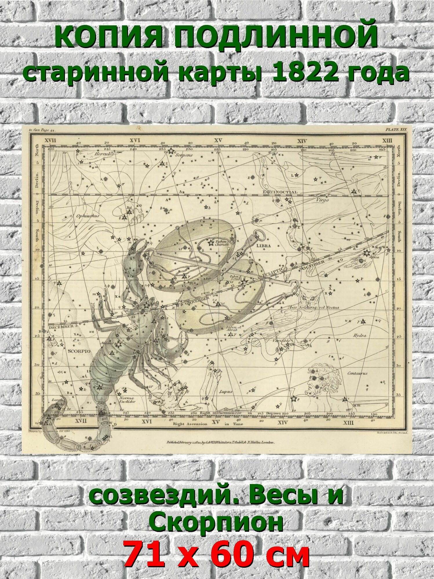 Старинная Карта созвездий. Весы и Скорпион. (репринт карты 1822 года).