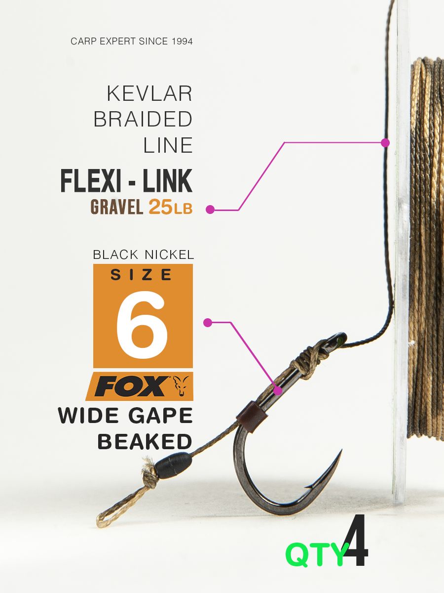Готовые рыболовные поводки с крючком FOX Wide Gape Beaked №6, FUN FISHING KEVLAR 25lb - 18см, в уп. 4шт