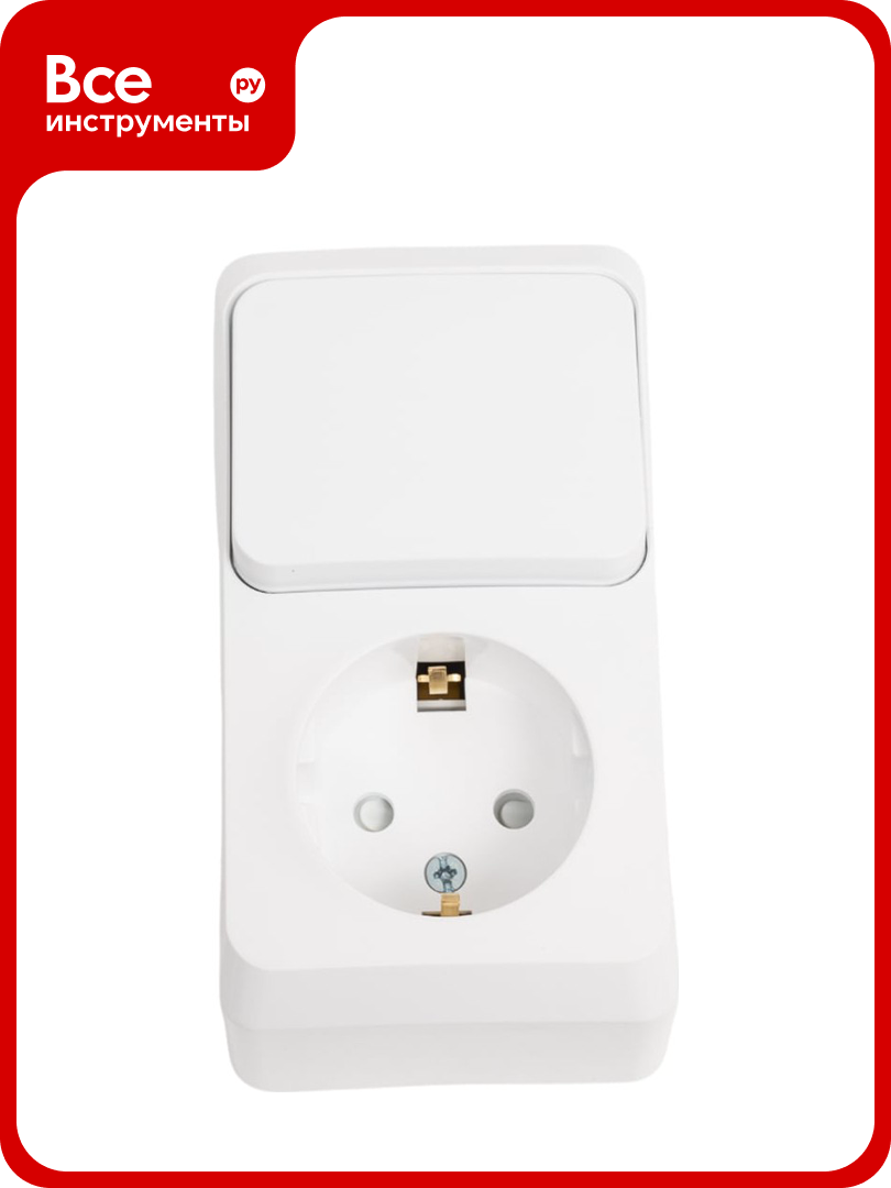 Блок 1-местная розетка + 1-клавишный выключатель Systeme Electric открытой проводки Этюд с заземлением защитные шторки белый BPA16-201B