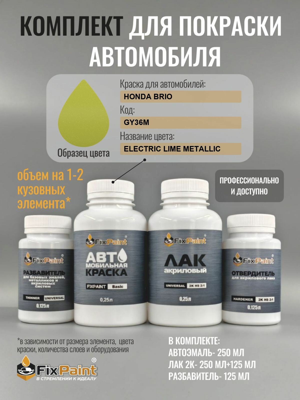 Комплект для покраски HONDA BRIO, код GY36M, ELECTRIC LIME METALLIC, базовая автомобильная эмаль 250 мл, лак 2K 250 мл с отвердителем, разбавитель 125 мл, FixPaint Pro