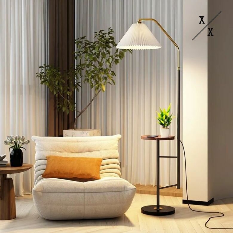 Ретро-плиссированная гостиная с диваном и журнальным столиком, скандинавская спальня, прикроватная тумбочка, торшер для гостиной