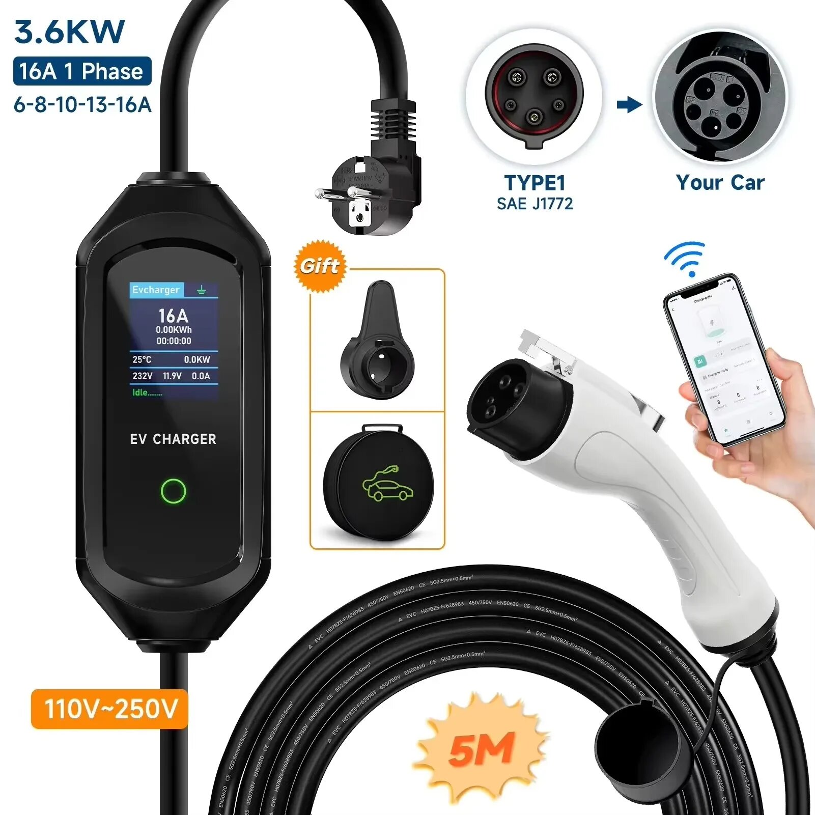3.6кВт EV Charger Type1 5M
