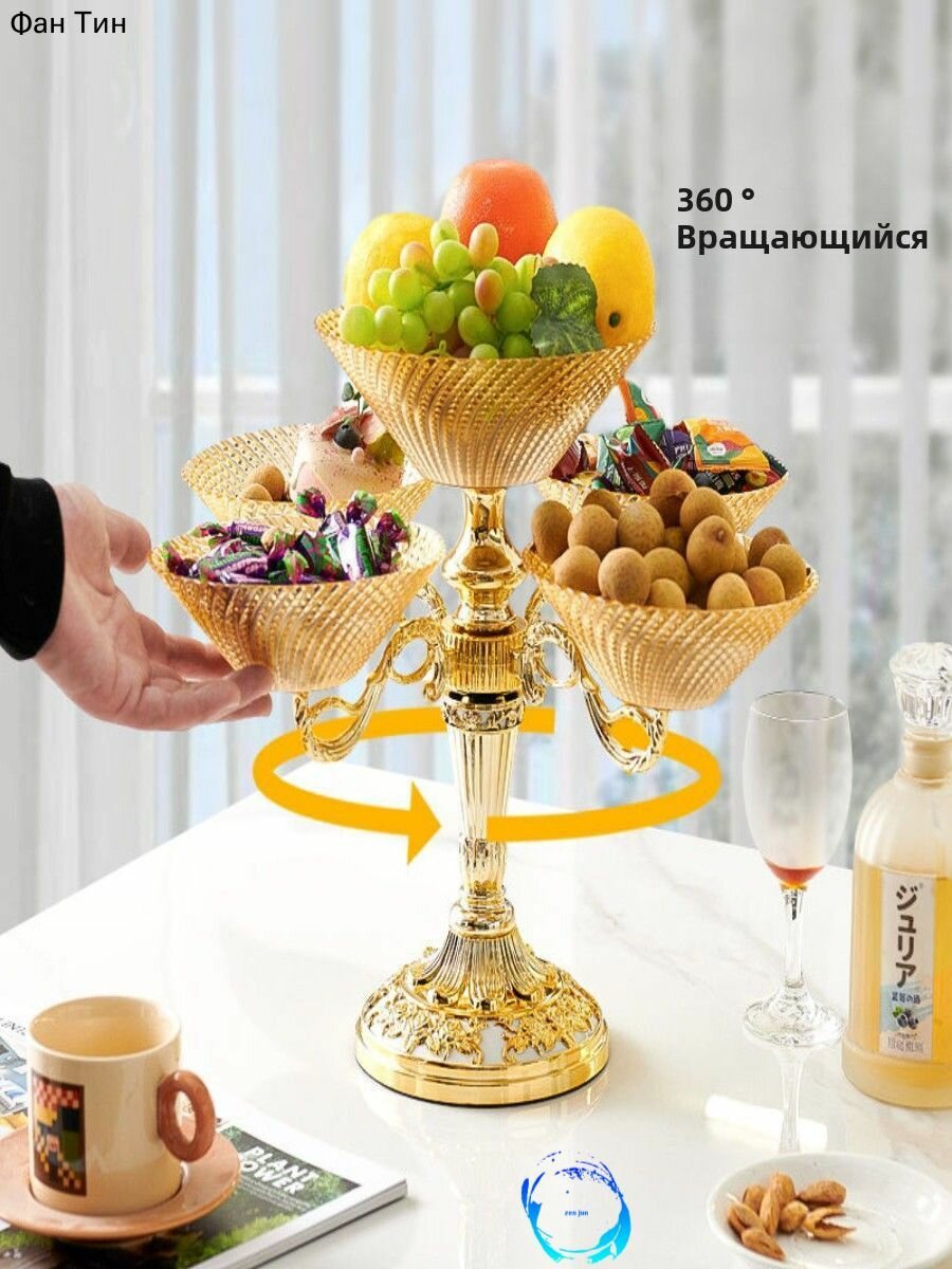 Вращающийся многоуровневый поднос для закусок и конфет из ПЭТ, 35×21 см, пять отделений