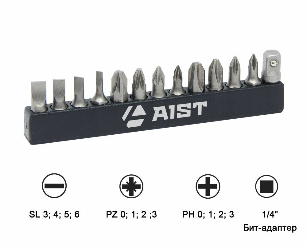 Набор сменных битов шлицевых SL, крестовых PH и PZ насадок 1/4" 13 пр. AIST 10106013 для отвертки или под держатель шуруповерта