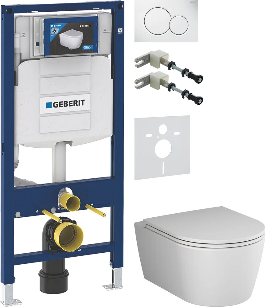Комплект Унитаз подвесной AM.PM Func C8F1700MWSC безободковый, с микролифтом, матовый белый / Крепления к стене / Шумоизоляция, Инсталляция UP 320 111.300.00.5, Кнопка Sigma белая