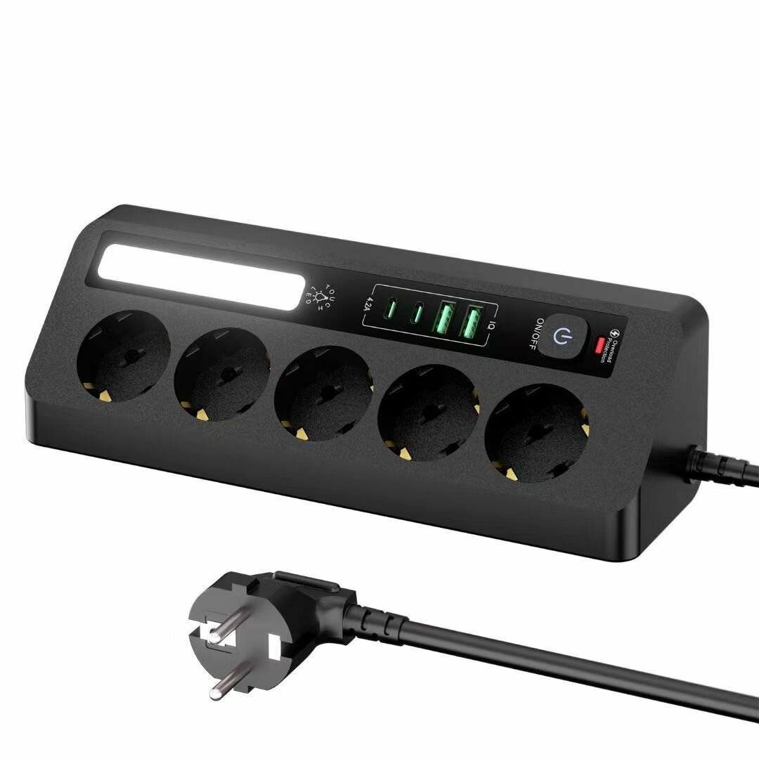 Русский стандартный выключатель-розетка с 5 розетками и 4 USB-разъемами, черный корпус, прочный провод длиной 2 метра, с дизайном LED-ночной подсветки