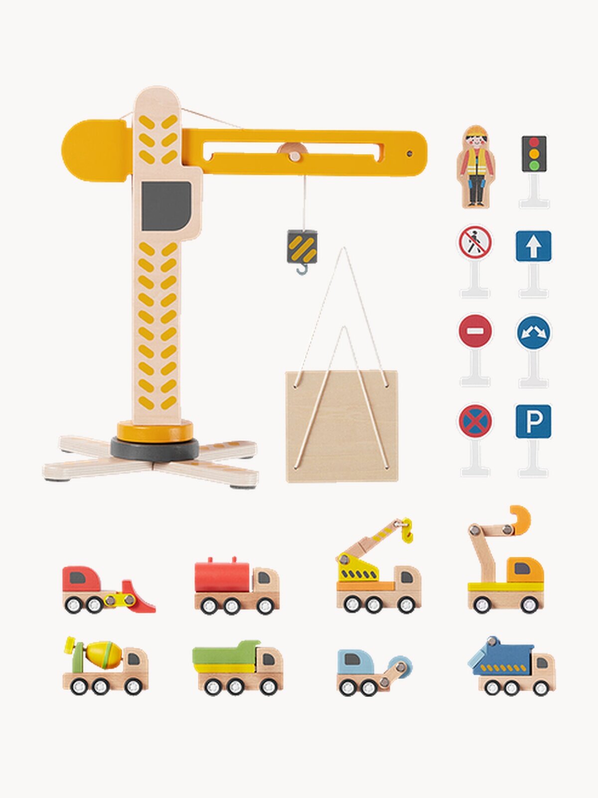 Деревянный игровой набор Junion Стройплощадка "Кран-Паркс" с подъёмным, строительным краном и машинками, 18 предметов, подвижные элементы