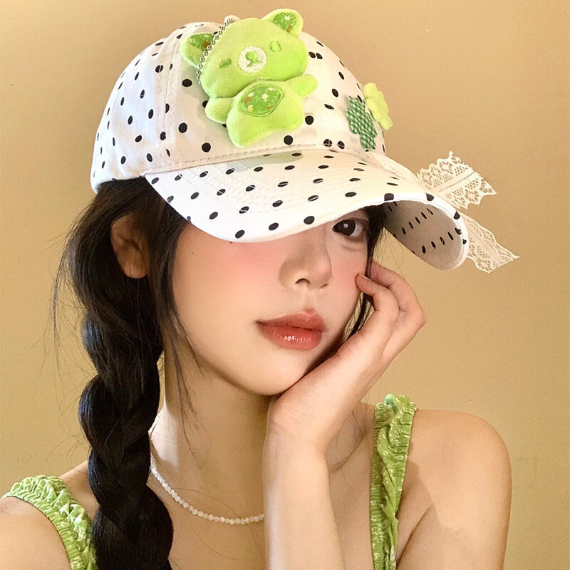 Бейсболка с милым медведем в горошек и бантом, женская бейсболка с широкими полями, маленькая универсальная фуражка с большим обхватом головы, маленькая универсальная фуражка