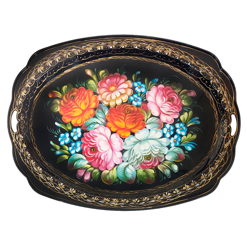 Поднос металлический, овальный "Красочные пионы", жостово 40 см, (Ручная роспись)