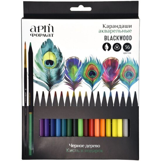 Набор акварельных карандашей Артформат Blackwood 36 цветов, трехгранные, деревянные, супермягкий грифель, с кисть