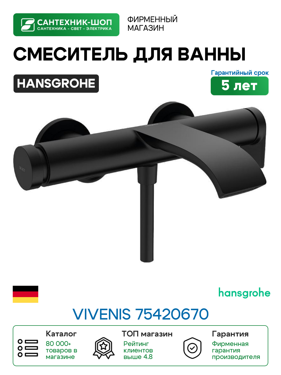Смеситель для ванны Hansgrohe Vivenis 75420670 Черный матовый латунь на стену