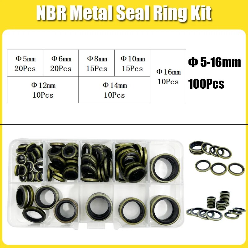 Металлические уплотнительные шайбы с резиновыми кольцами, 5-24 мм M5-M16 (100pcs)