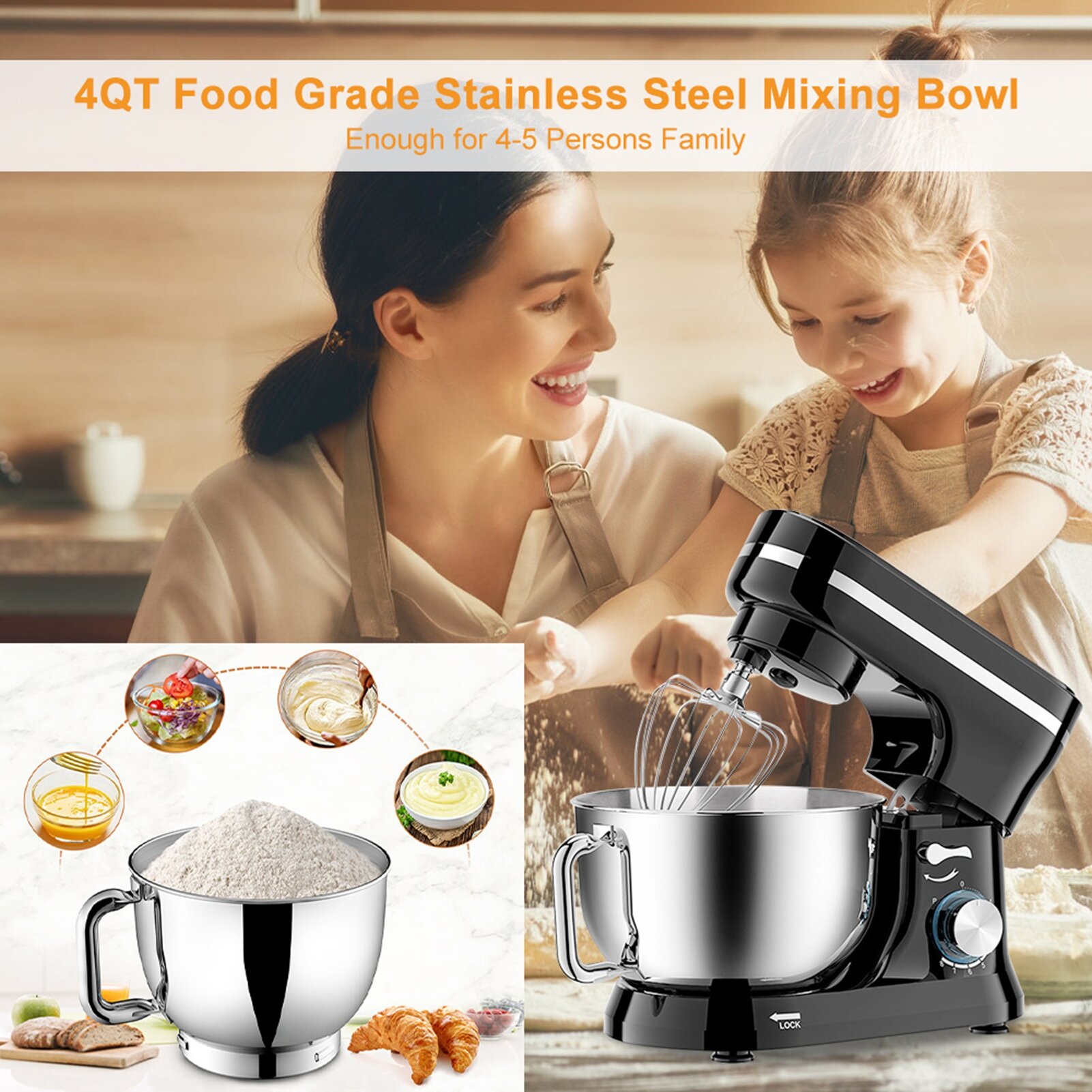 Электрический миксер для кухни мощностью 380 Вт с чашей для смешивания объемом 4 кварты и 3 насадками, 8-скоростной бытовой миксер для теста и выпечки тортов с наклонной головкой