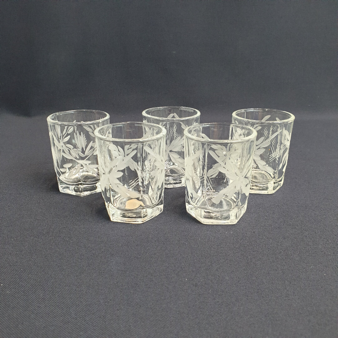 Набор из 5 стопок Гусь Хрустальный, стекло резка 50 мл 6 см, винтаж СССР