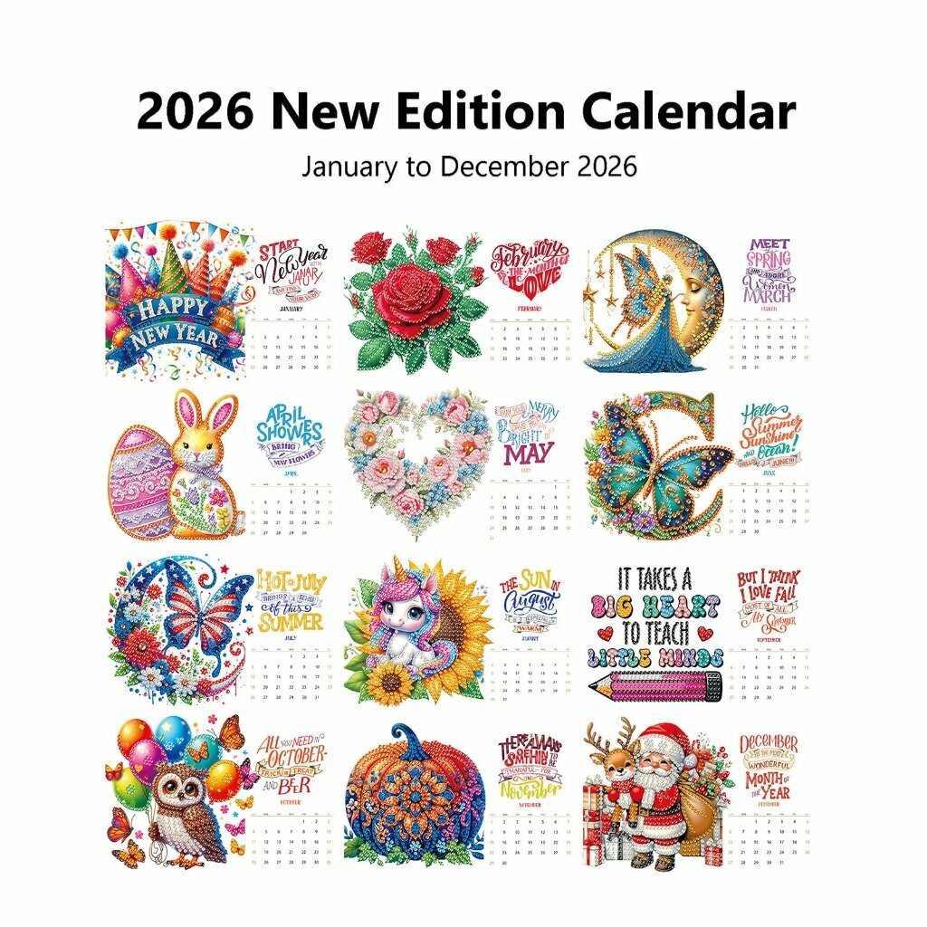 Календарь для рисования стразами на 2026 год - Календарь для Рисования Стразами Ручной работы с Наклейками, Декоративный для дома и Офиса