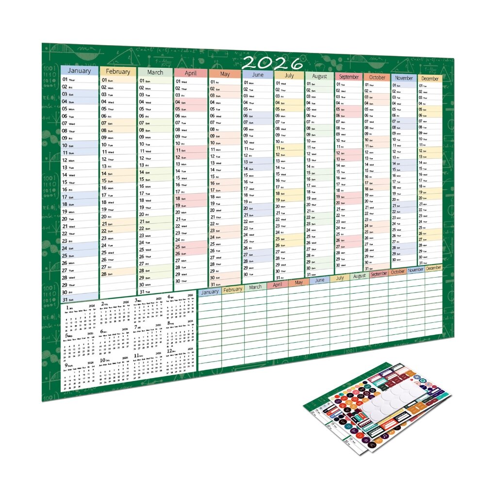 Настенный календарь на 2026 год, еженедельник в стиле плаката с наклейками, изготовленный из плотной бумаги на 12 месяцев, подходит для дома, офиса, школы, учителей и студентов.