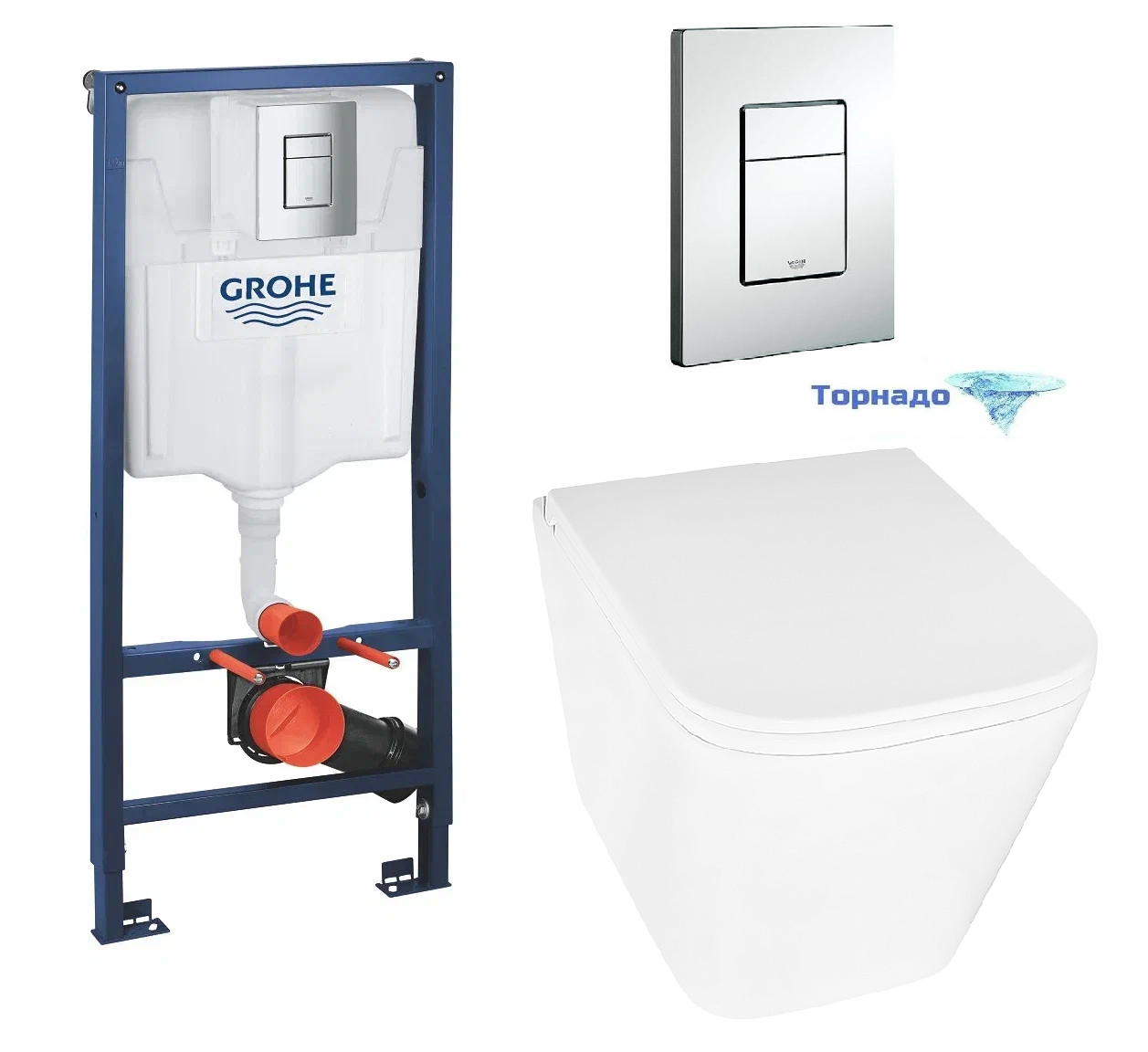 Комплект ПЭК подвесной унитаз (система смыва торнадо) с быстросъемным сиденьем микролифт и инсталляцией GROHE Rapid SL с квадратной кнопкой хром 38772001