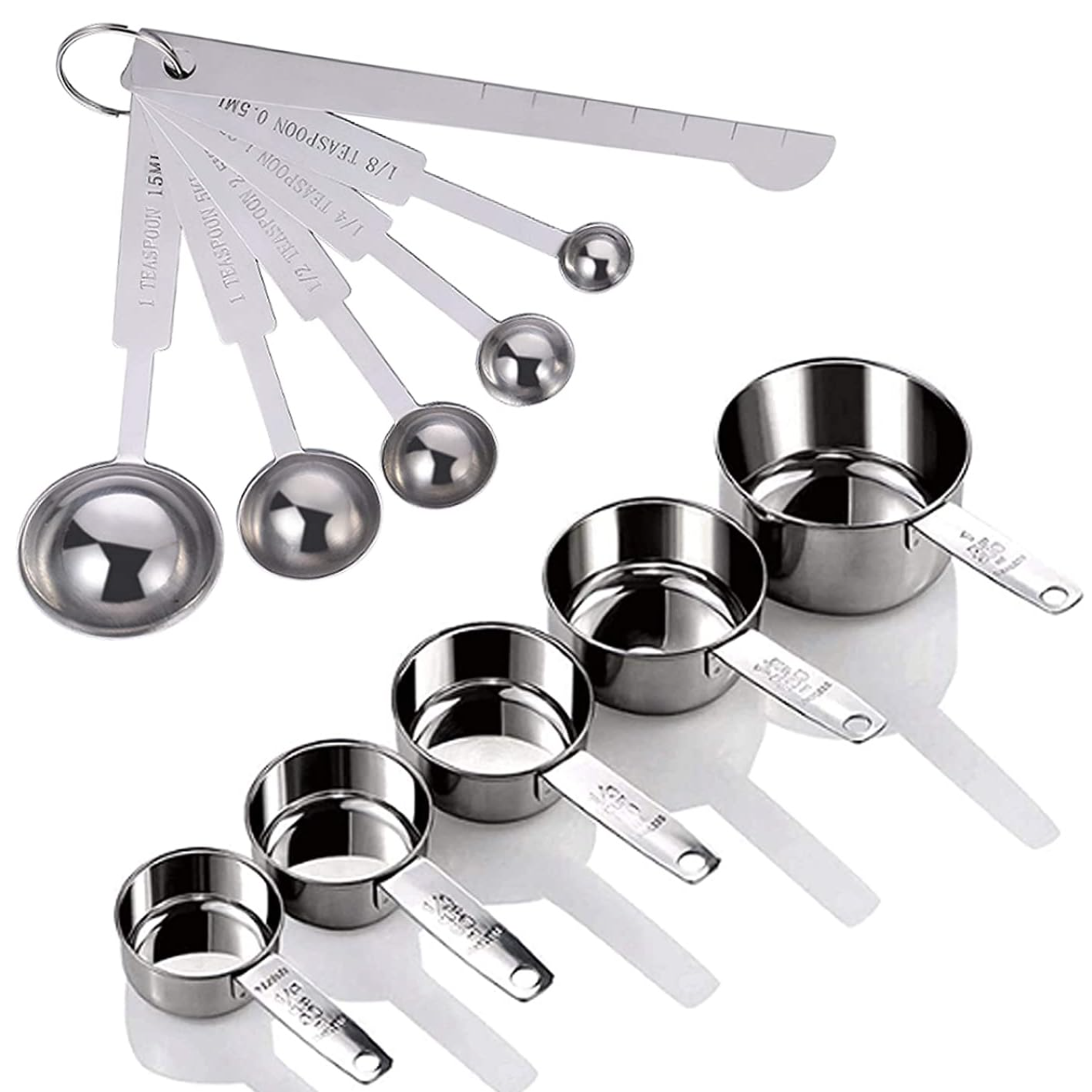 HOEXIUO Набор Из 11 Частиц, 5 Ложек-Меровок И Мера Таз, 430 Сталь Без Ржавчины, Серебро, Для Выпечки, Сухих И Жидких Ингредиентов, Вес 265г, Размеры 16*9*6см, 1/8 Чашка (30мл), 1/4 Чашка (60мл), 1/3 Чашка (80мл), 1/2 Чашка (125мл), 1 Чашка (250мл), 1/8