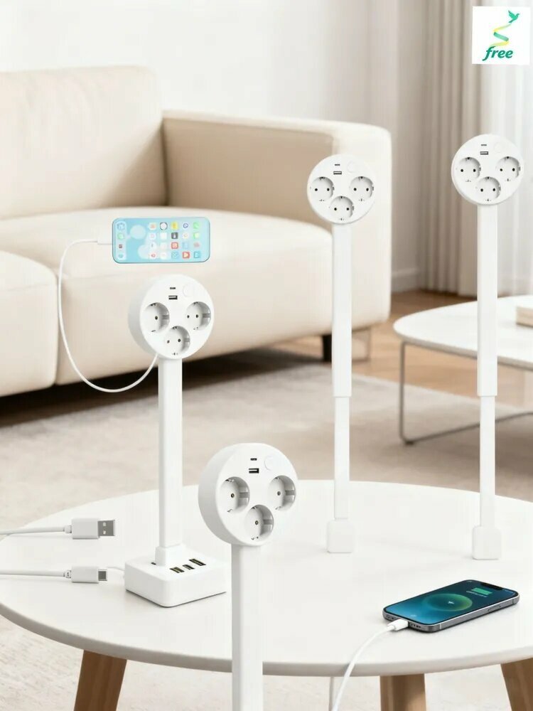 Расширитель розеток европейского стандарта эксклюзивно для России (для дивана/ночной тумбы) с USB-портами, поддерживает 180 поворот