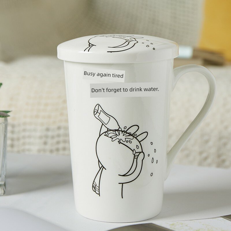 Креативная кружка из костяного фарфора, простая керамическая чашка для женщин с крышкой и ложкой, кофейная чашка, чашка