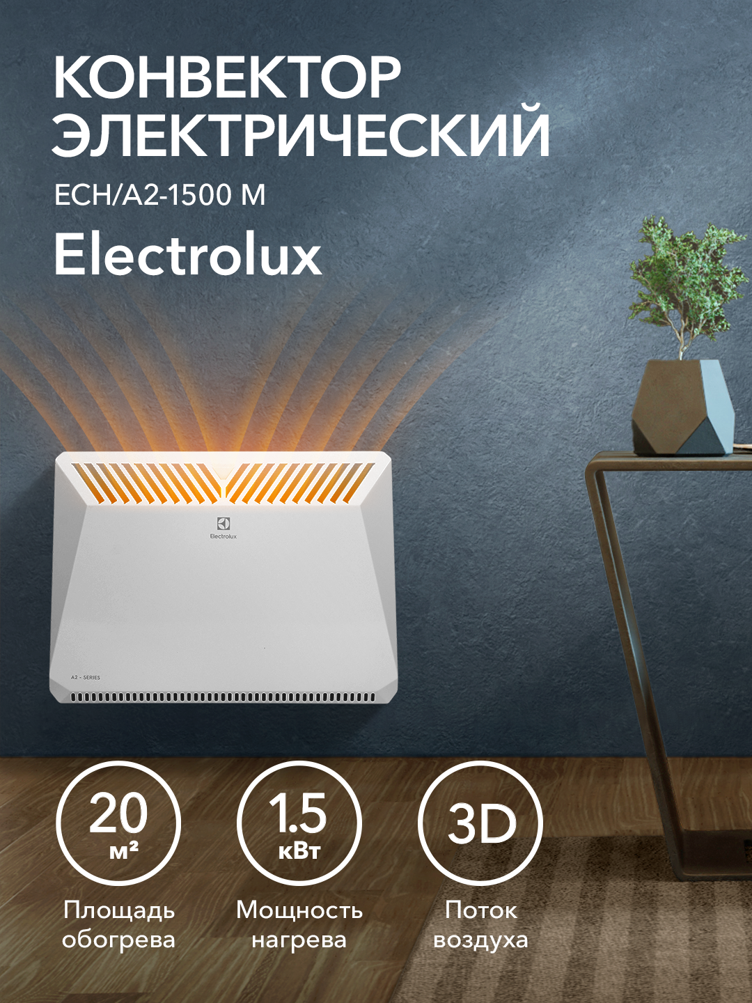 Конвектор Electrolux ECH/A2-1500 M, белый, настенный, регулировка температуры, 1,5 кВт